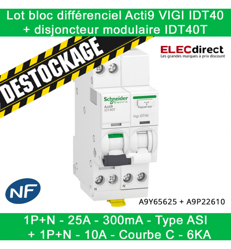 SCHNEIDER - Disjoncteur Ph/N 10A IDT40T - 6KA + Bloc diff. 25A 30mA type AC - A9P22610+A9Y62625 ...