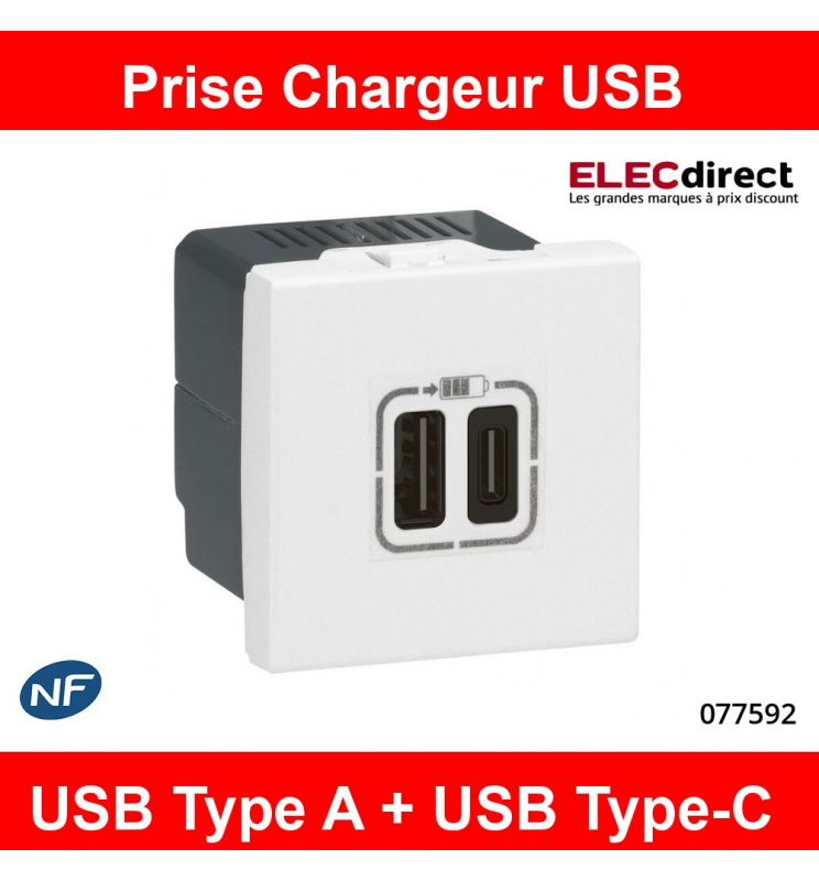 Prise chargeur USB Type-A + Type C 3A 5V 15W - 230V - 077592 ...