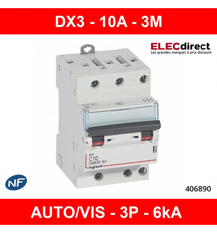 Legrand - Disjoncteur DX³ 4500 - vis/vis - 3P - 400 V~ - 10A - 6kA - courbe C - 406890 ...