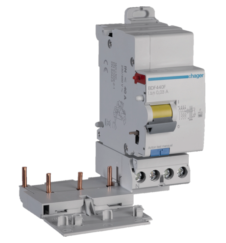 Hager - Bloc différentiel 3P+N 40A 30mA - Type F - Réf : BDF440F - ELECdirect Vente Matériel ...
