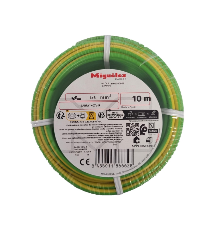 Fil HO7VR 6 mm2 rigide - V/J - COURONNE DE 10M - ELECdirect Vente ...