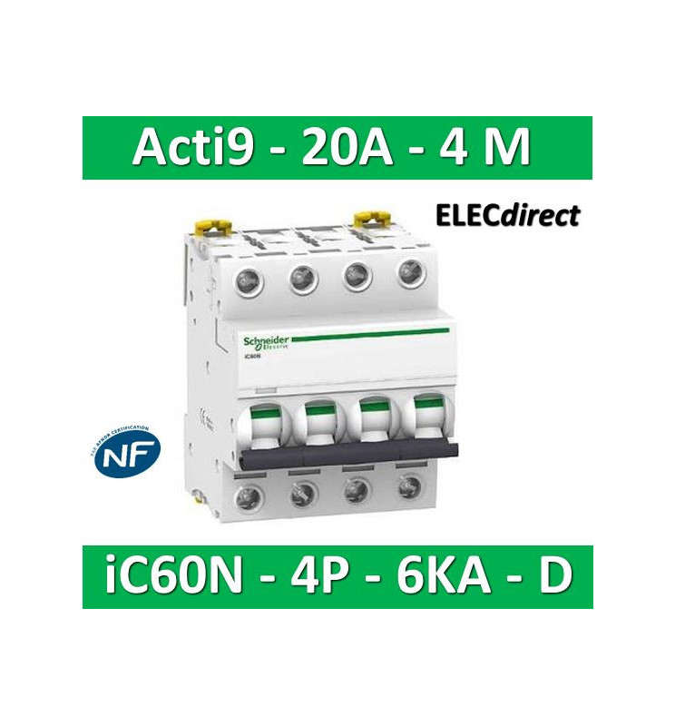 Schneider - Acti9 - iC60N - Disjoncteur - 4P - 20A - 6kA - courbe D - Réf : A9F75420 ...