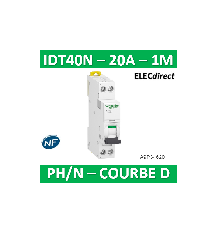 Schneider - Acti9 iDT40N - disjoncteur modulaire - 1P+N D 20A 6000A/10kA - A9P34620 - ELECdirect ...